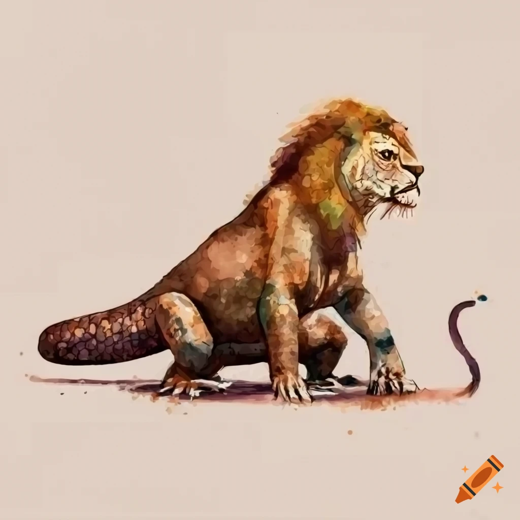 Illustration of a fierce lion-komodo dragon hybrid