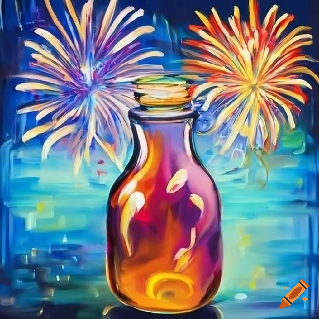 Oil painting of a glass bottle with fireworks on Craiyon