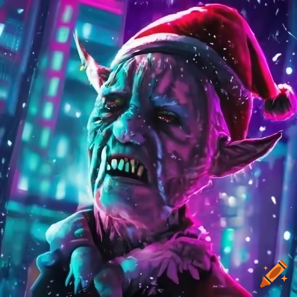Neon cyberpunk city with a scary crying christmas elf on Craiyon