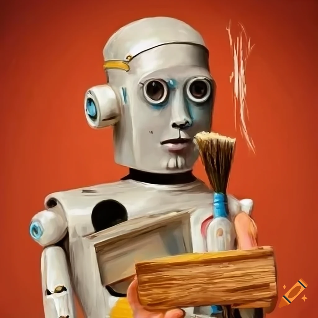 Painted robot hand holding a paintbrush