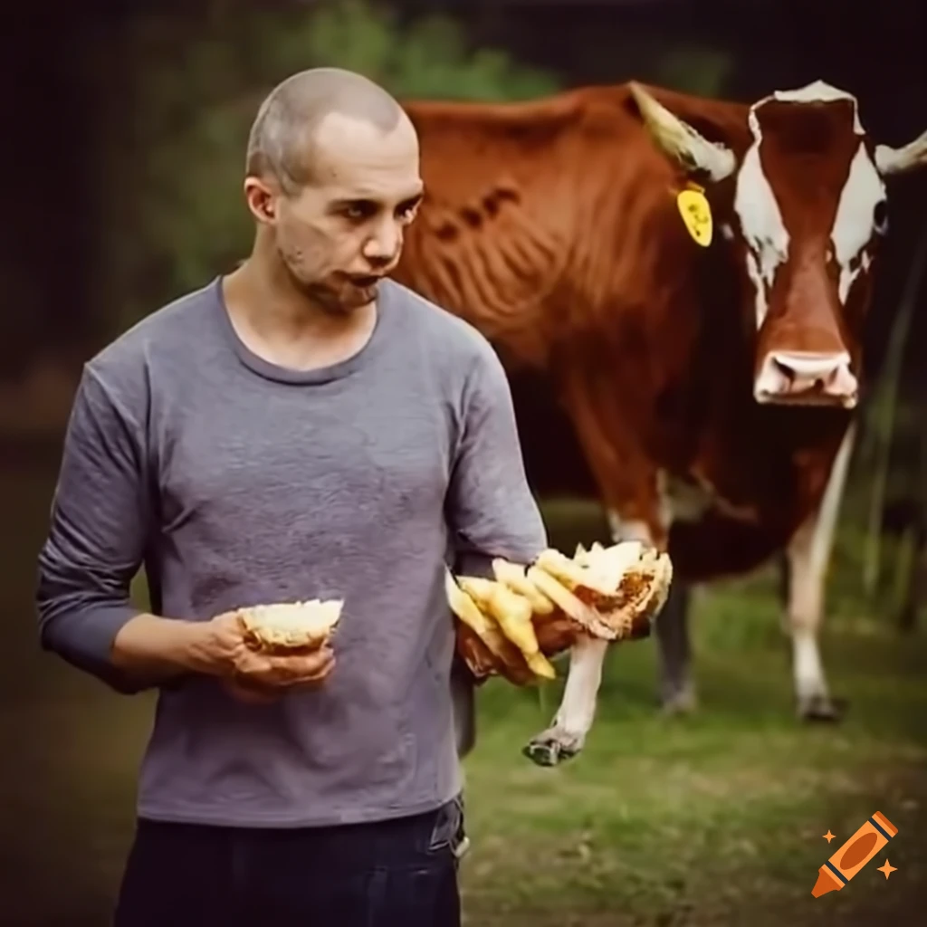 Man carrying a cow and eating french fries