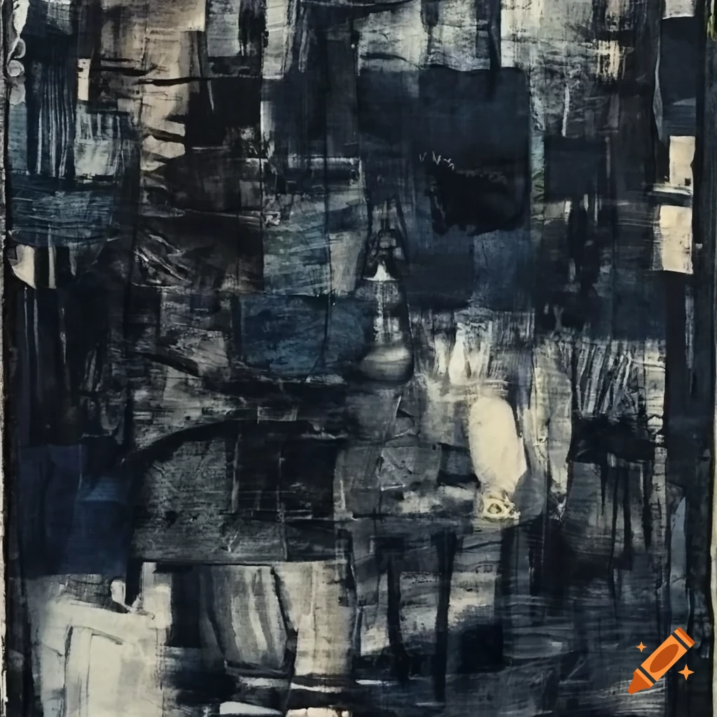 Abstract mixed media artwork with newspaper and painted textile