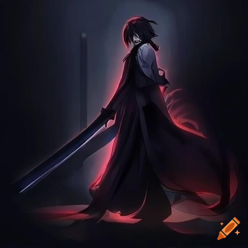 Anime character boy with black robe and silver lightning sword