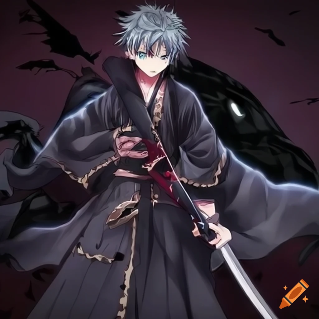 Anime character boy with black robe and silver lightning sword on Craiyon