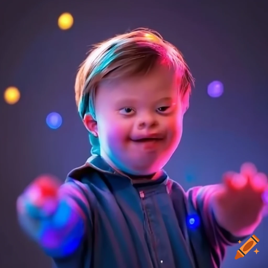 Boy with down syndrome enjoying colorful led lights on Craiyon