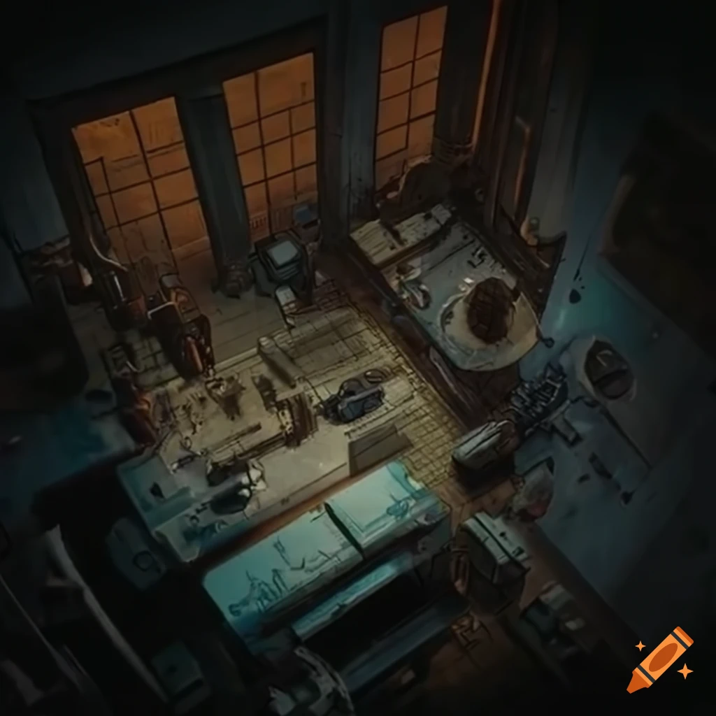 Top down view of a rundown laboratory