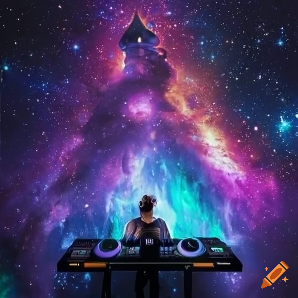 Cosmic wizard dj mixing music on magical decks on Craiyon