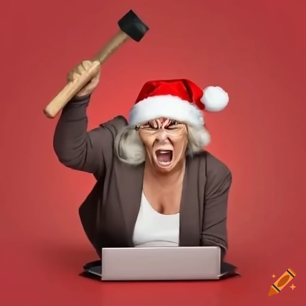 Humorous image of an angry old woman smashing a laptop