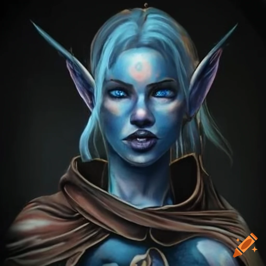 Image of a blue-skinned female elf soldier with tattoos