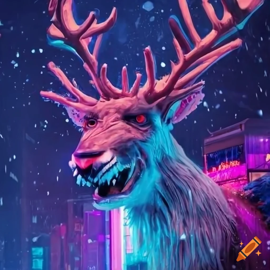 Neon cyberpunk reindeer head in snowy cityscape