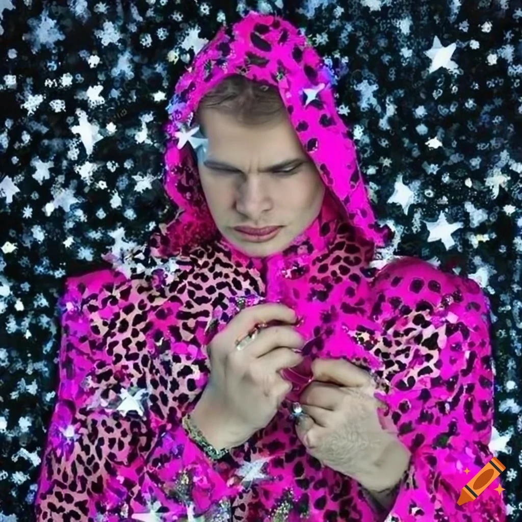 Man in a stylish hot pink suit with cheetah print and sequin stars on ...