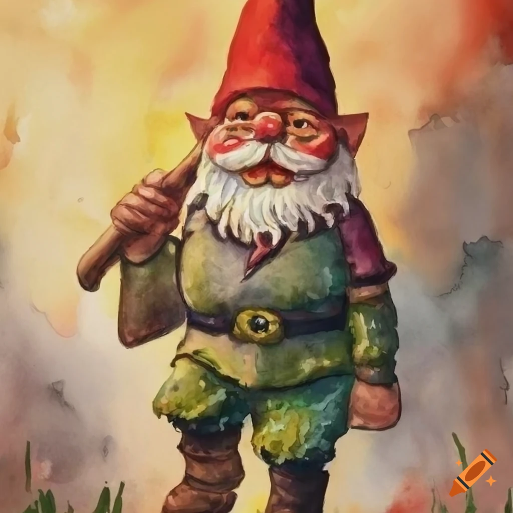 Watercolor painting of an evil garden gnome with an axe on Craiyon
