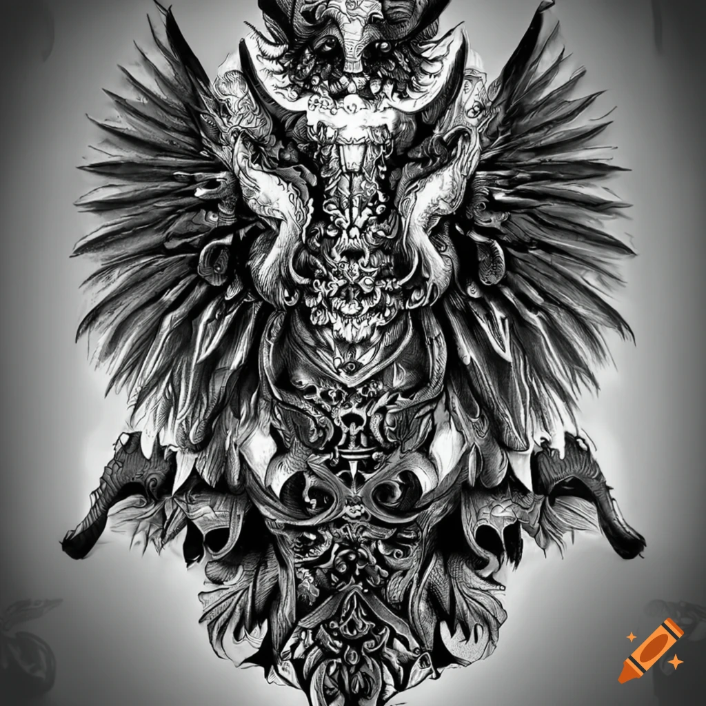 Intricate family crest with dragon wings, owl faces, and gloves on Craiyon