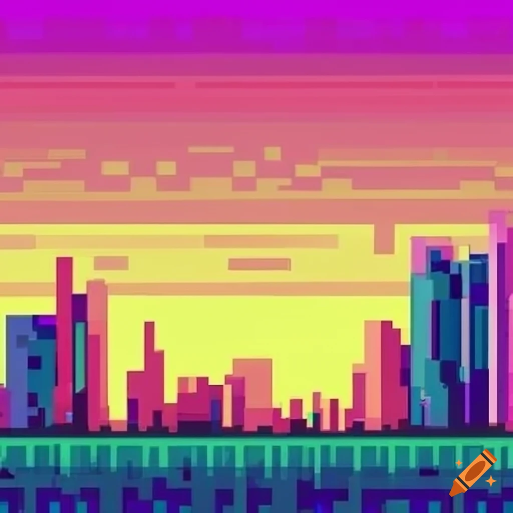 Retro pixel art of a bright daytime city skyline on Craiyon