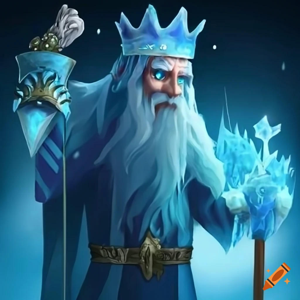 Illustration of an ice wizard with crown and staff on Craiyon