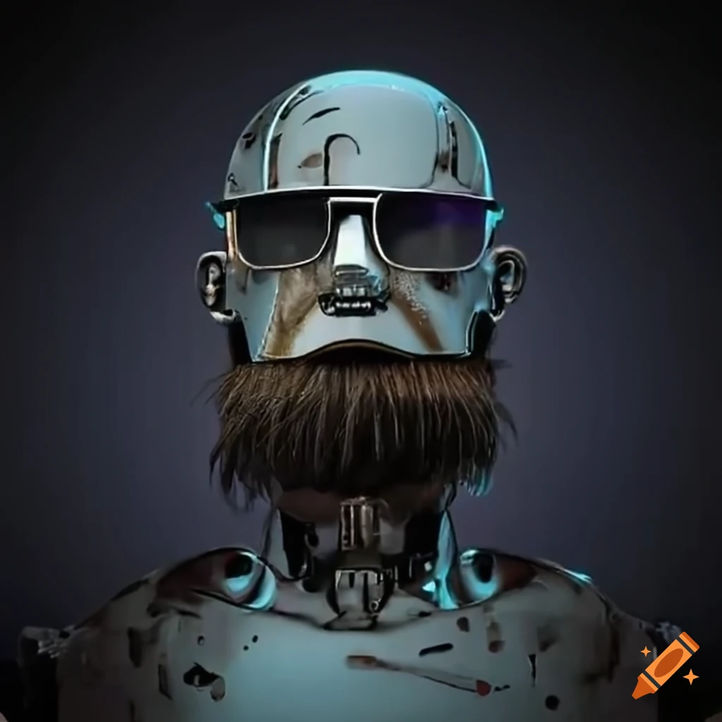 Metallic robot with a beard and glasses