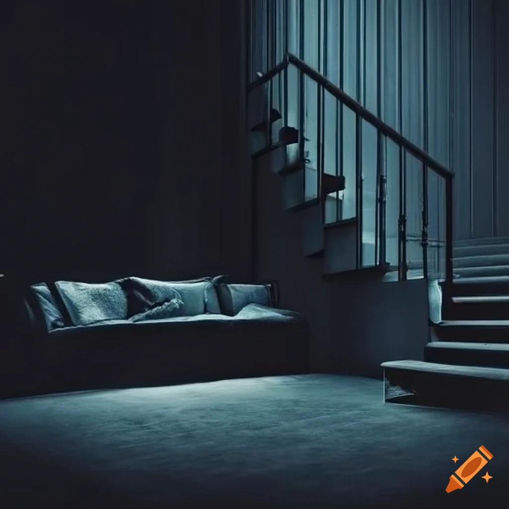 Nighttime living room with couch and stairs