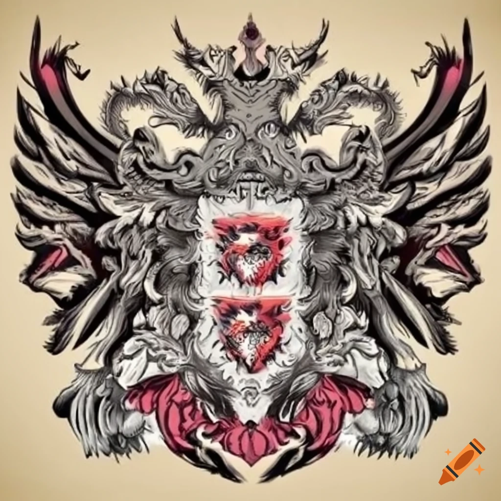 Intricate family crest with dragon wings, owl faces, and gloves