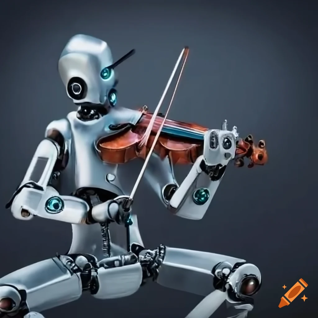 Silver robot playing violin