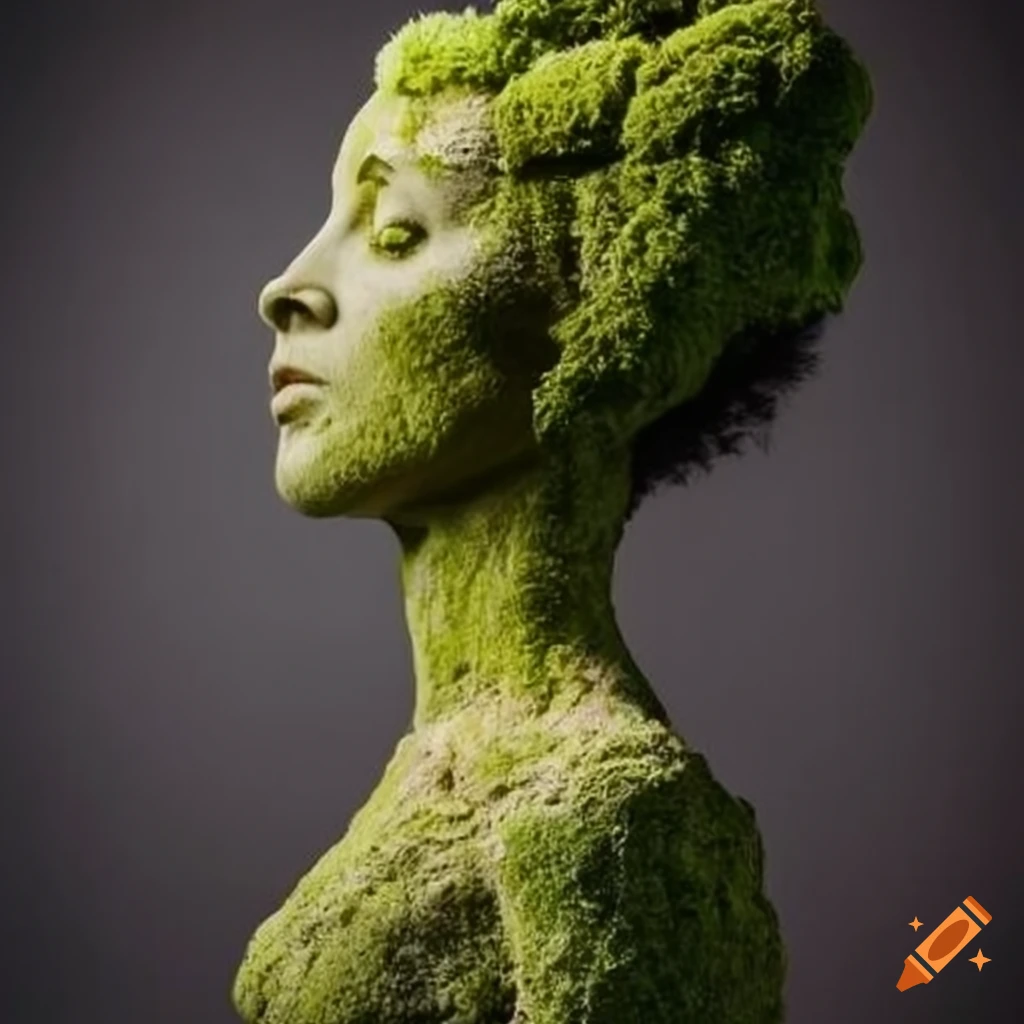 Sculpture of a woman made of moss and stone