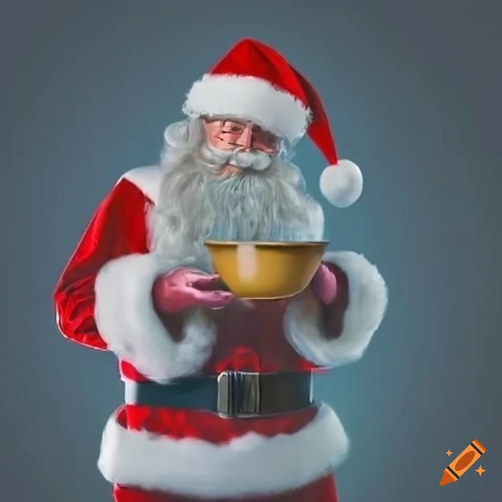 Santa holding a bowl of soup in the sky