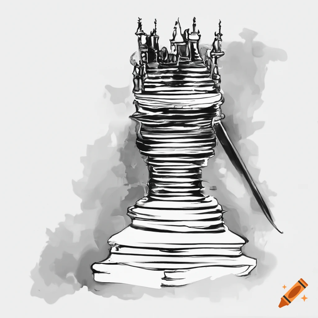 A mythical creature combining a chess rook with a human face and wings