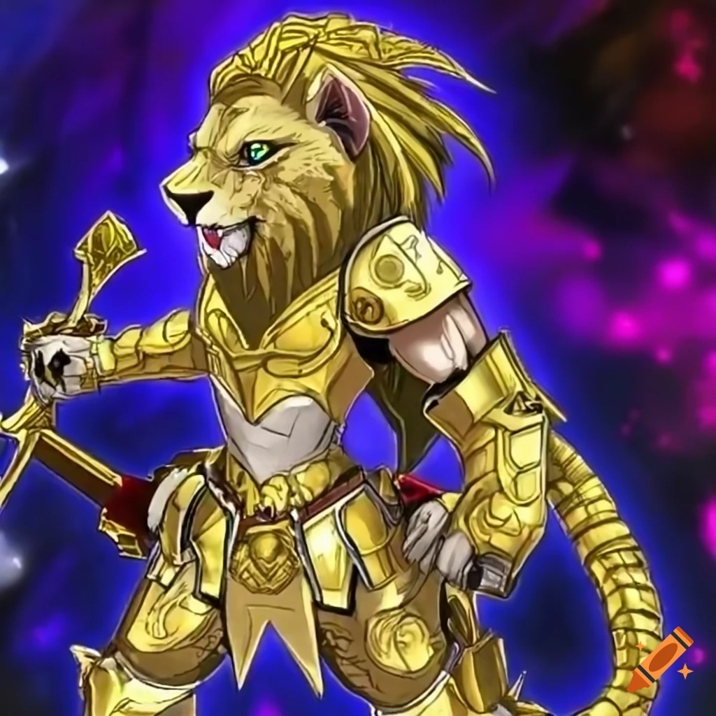 Artwork of a lion god in golden armor