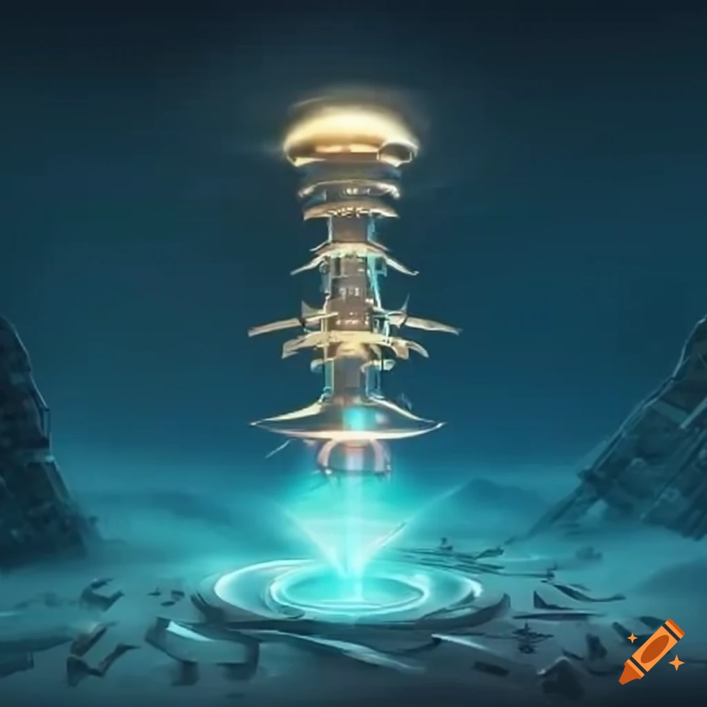 Concept art of a hovering sci-fi tower