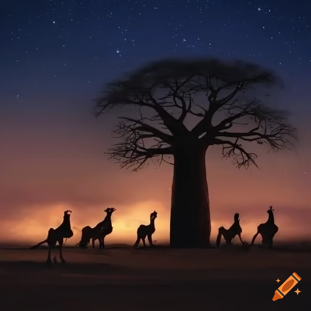 Night scene of camels in a windy desert on Craiyon