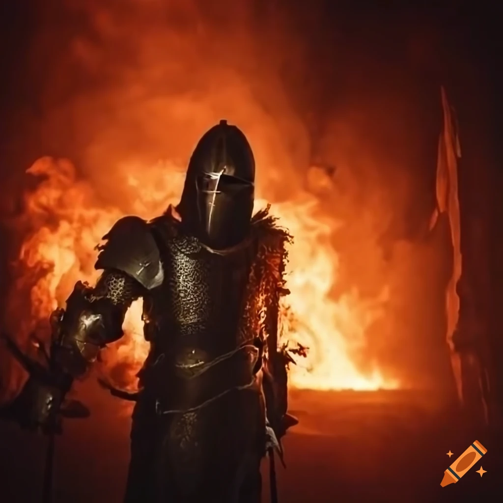 Image of a knight in dark armor facing a massive inferno