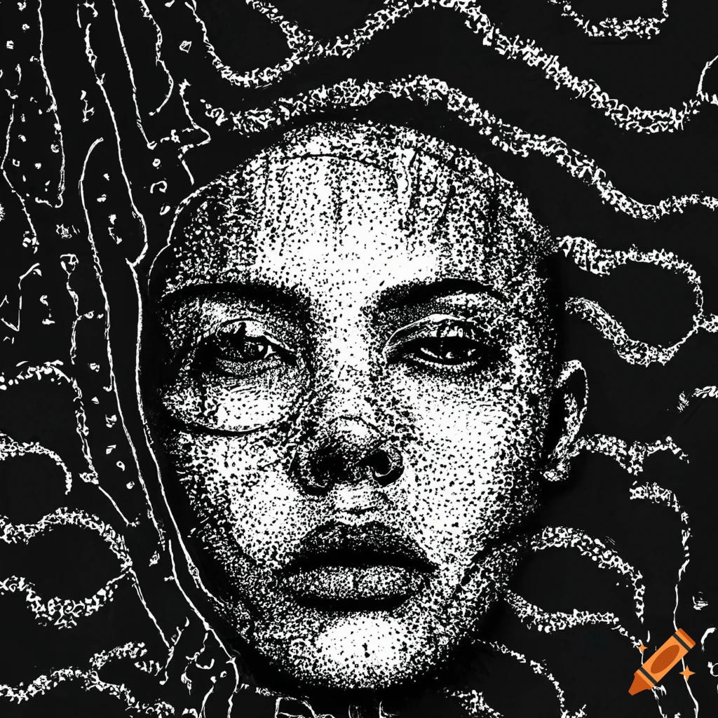 Stipple drawing of a captivating dark portrait on Craiyon