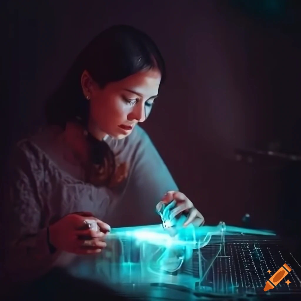 Woman at workshop using sewing machine with holographic digital fabric ...