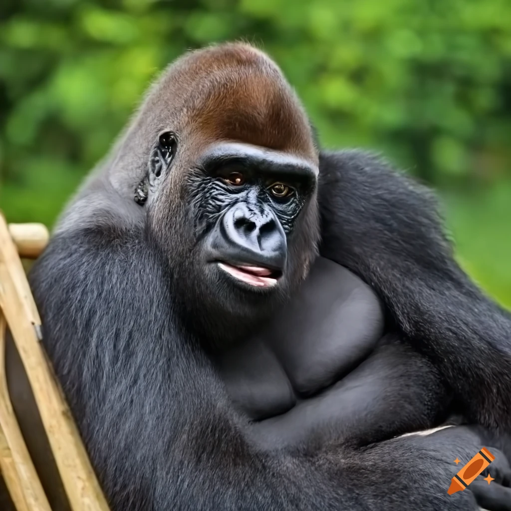 Photo of a smiling gorilla relaxing in the garden