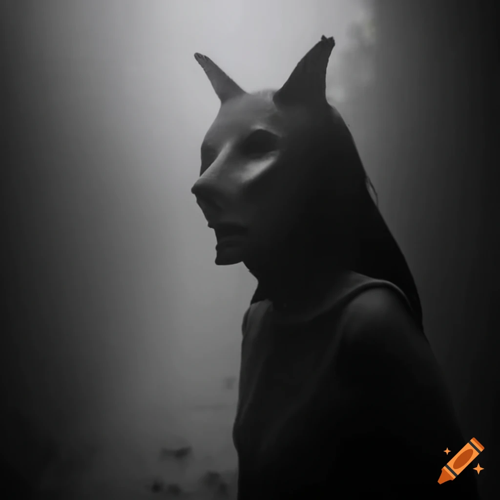 Photograph of a mysterious figure wearing an animal mask in the mist