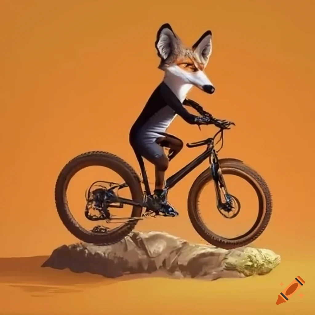 Fox riding a mountain bike on a trail on Craiyon