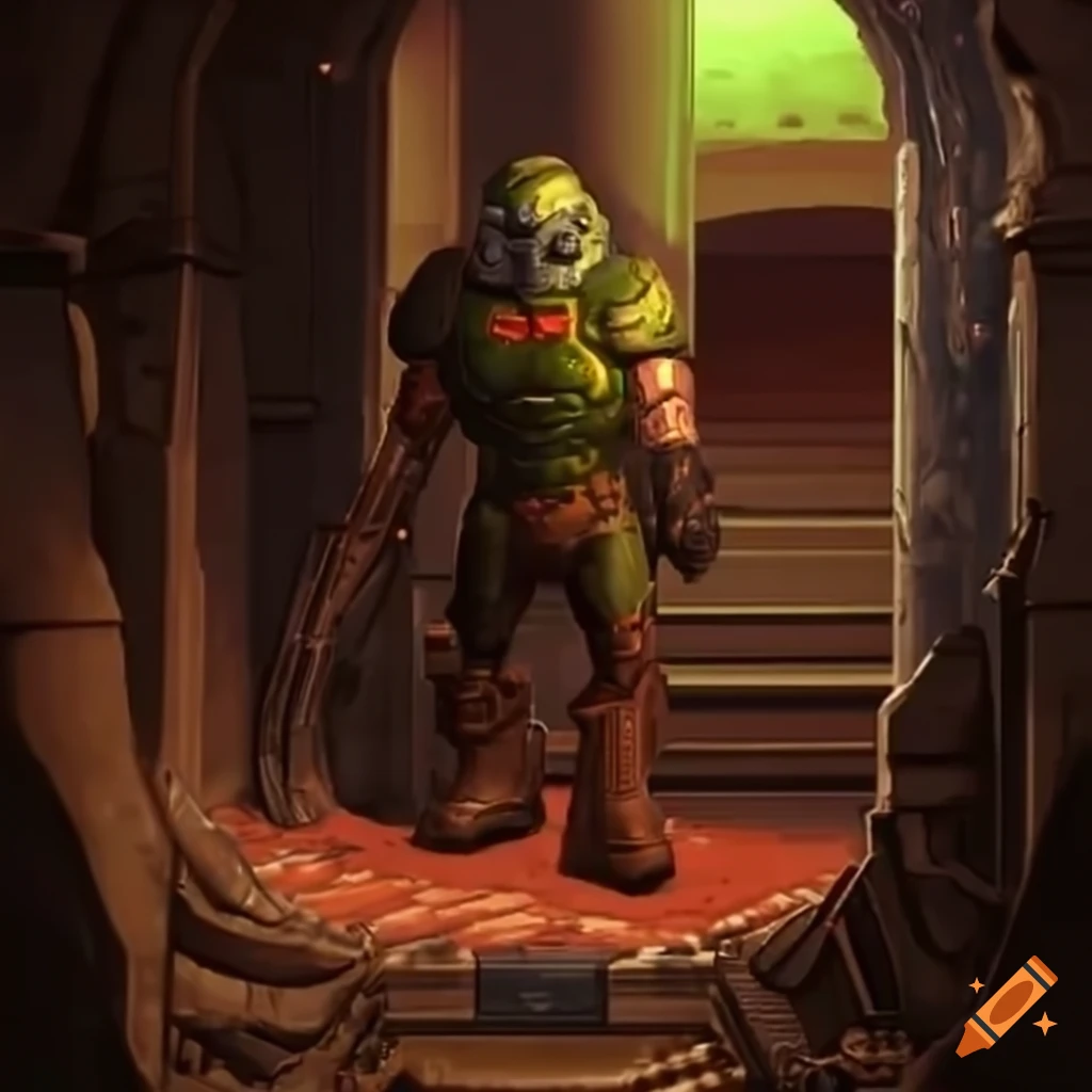 Doom guy in a dark corridor of uac mars installation on Craiyon