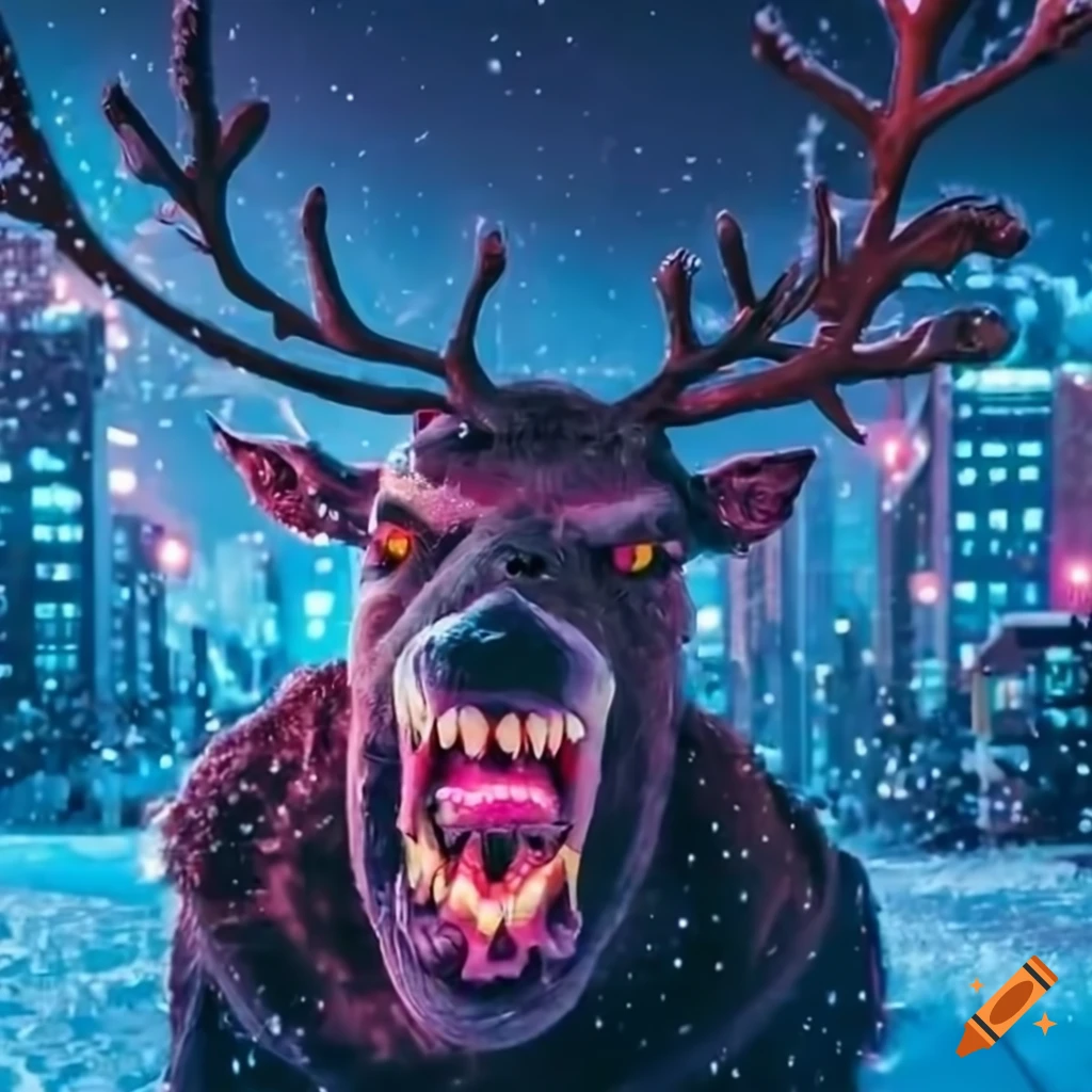 Neon city snowfall with a scary roaring reindeer