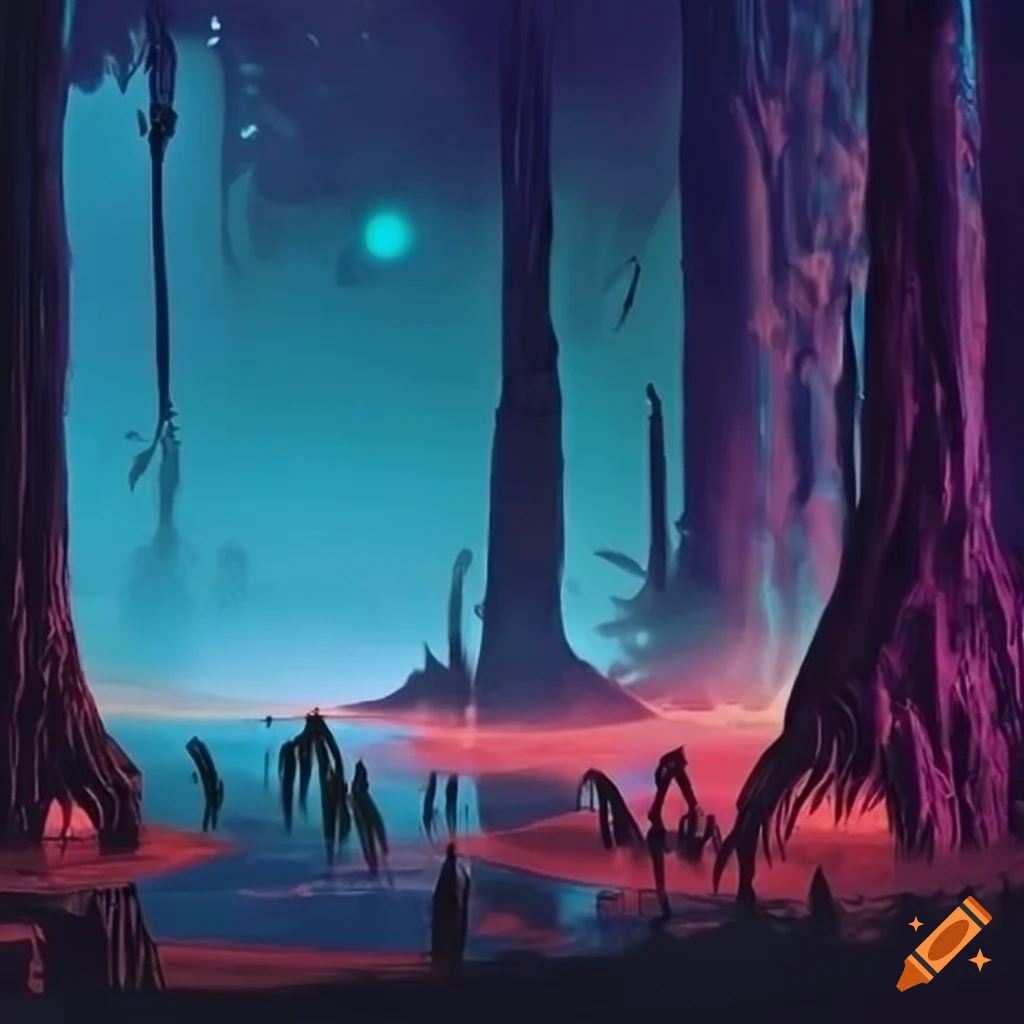 Retro sci-fi art of a swamp with neon lights