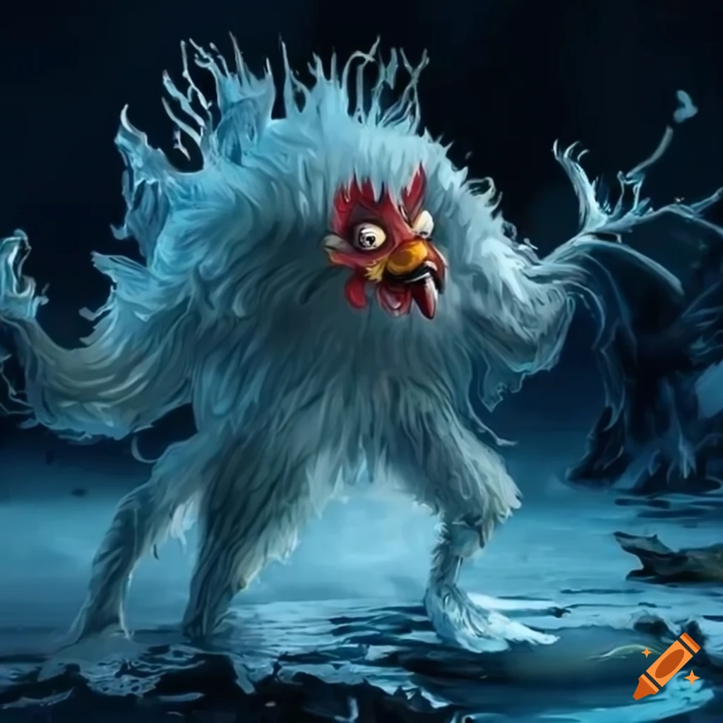 Artwork of a chicken monster in icy landscape on Craiyon