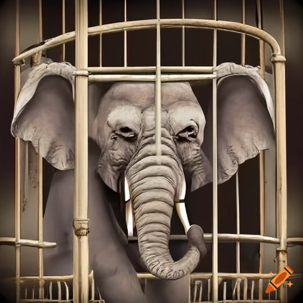 Detailed illustration of an elephant in a cage