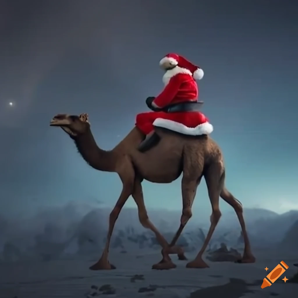 Santa claus riding magical camels in the clouds