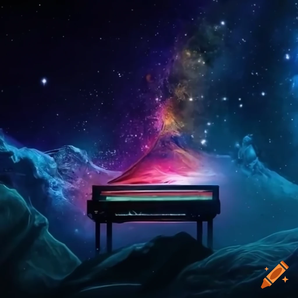 Colorful artwork of a piano in space