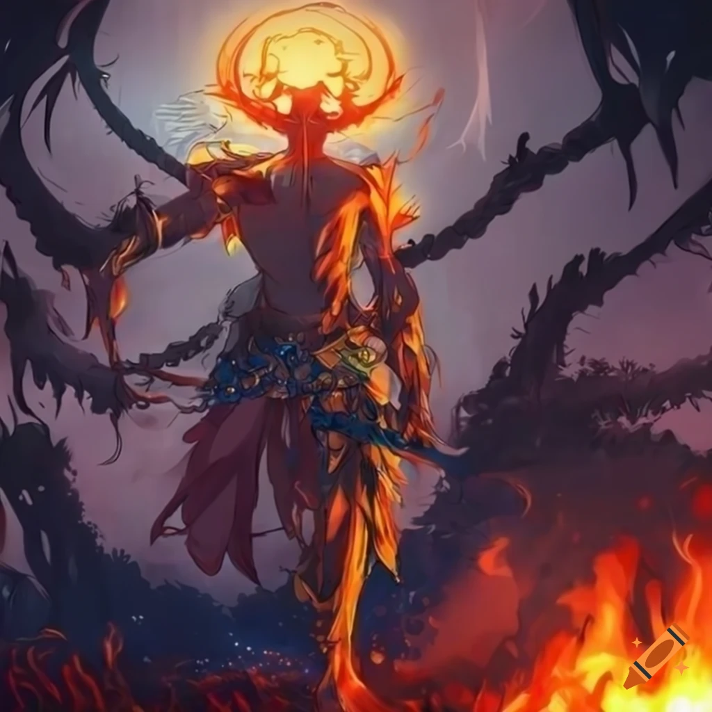 Anime illustration of a divine being controlling fire and water on Craiyon