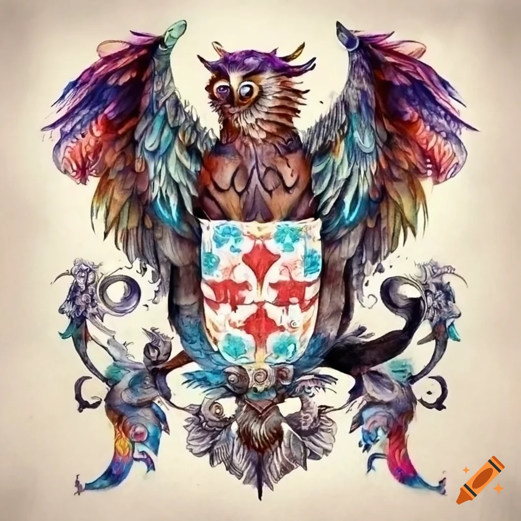 Intricate family crest with dragon wings, owl faces, and gloves on Craiyon