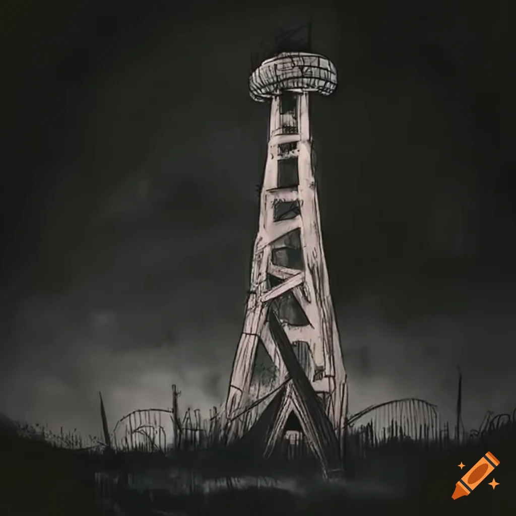 Sketch of a tall drop tower in an abandoned amusement park on Craiyon