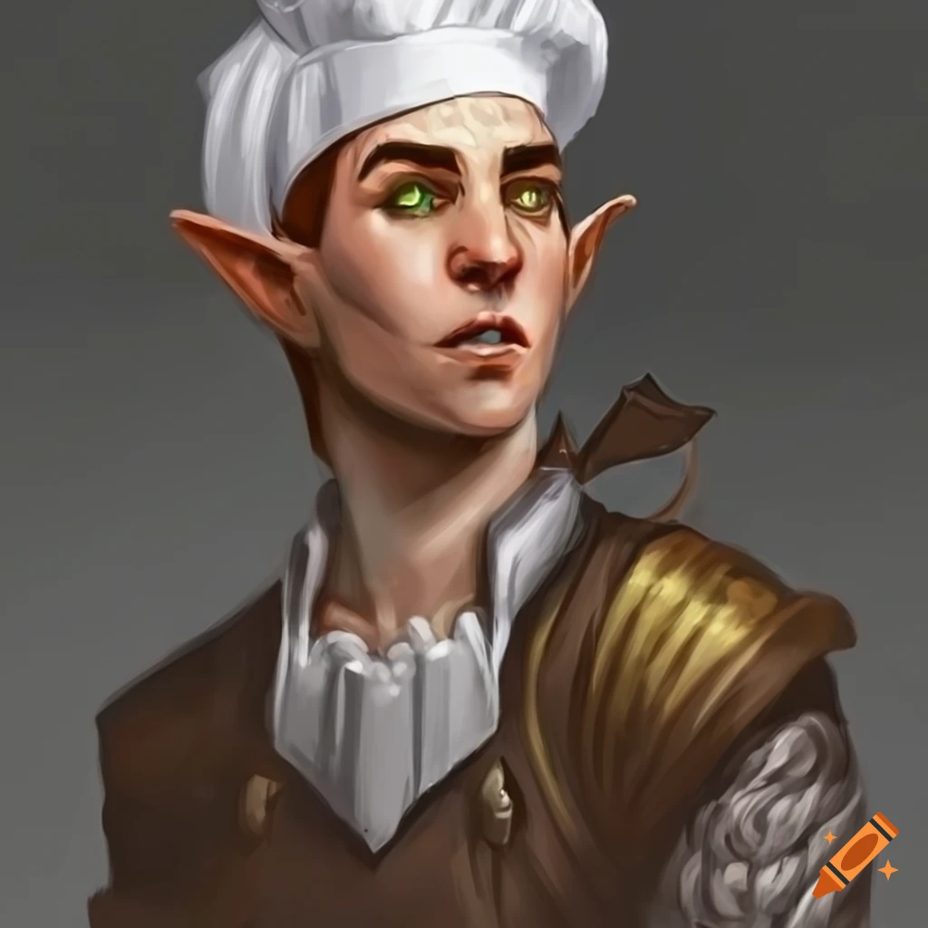 Half elf male with green eyes wearing a chefs hat