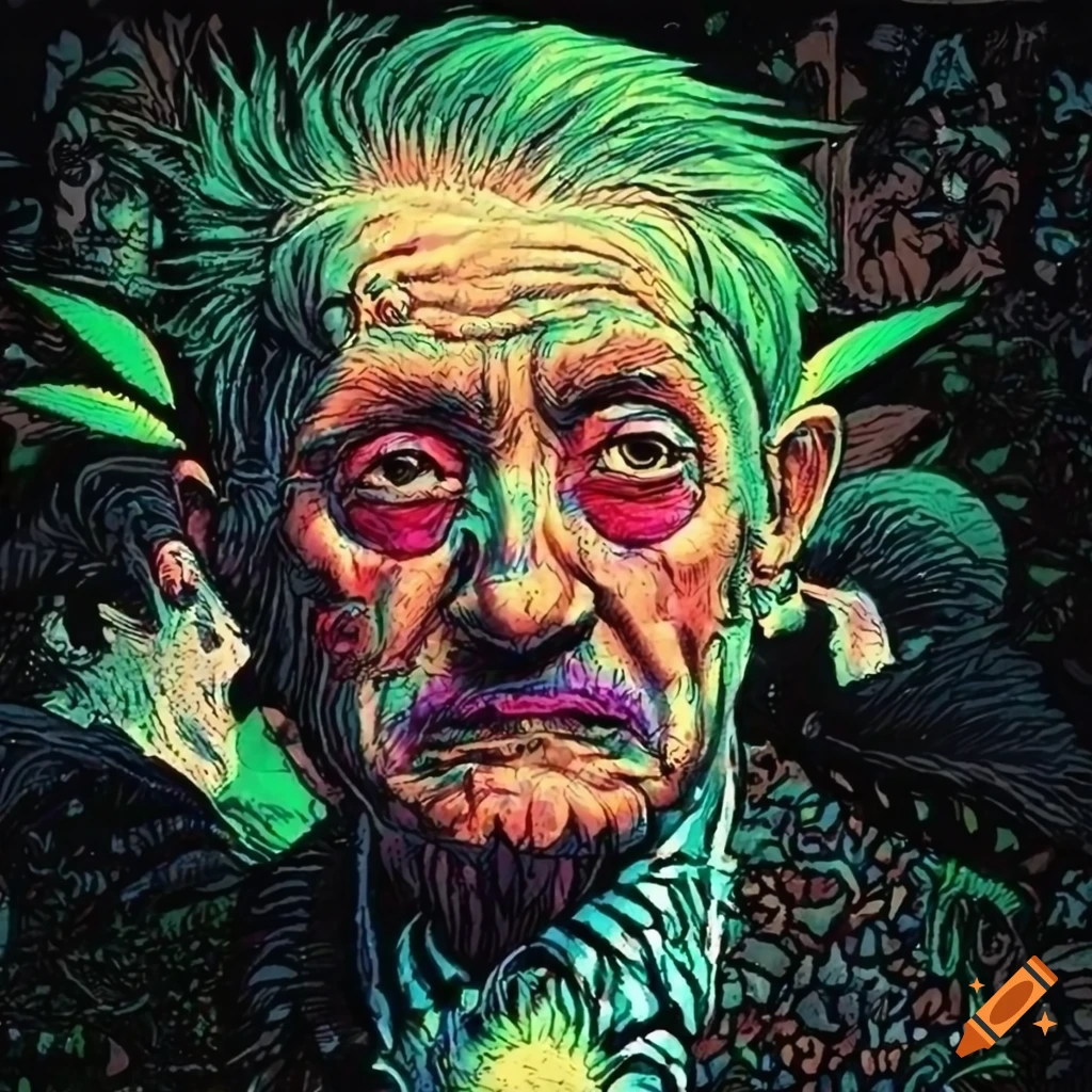 Graphic novel illustration of trippy cannabis artwork