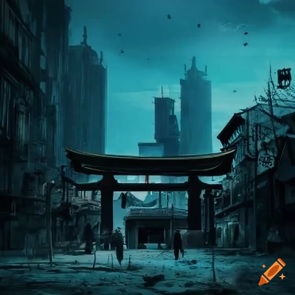 Japanese shrine in an apocalyptic city on Craiyon