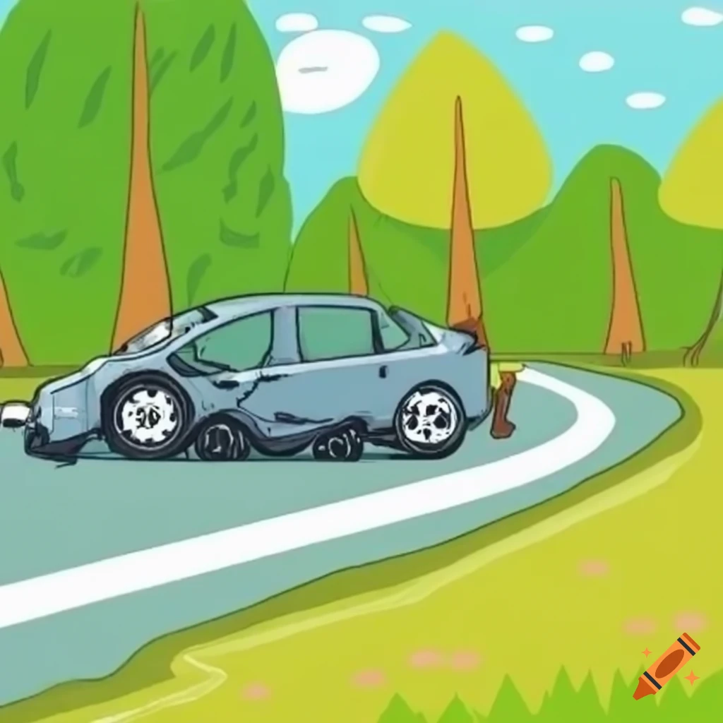 Drawing of a flipped car in a forest