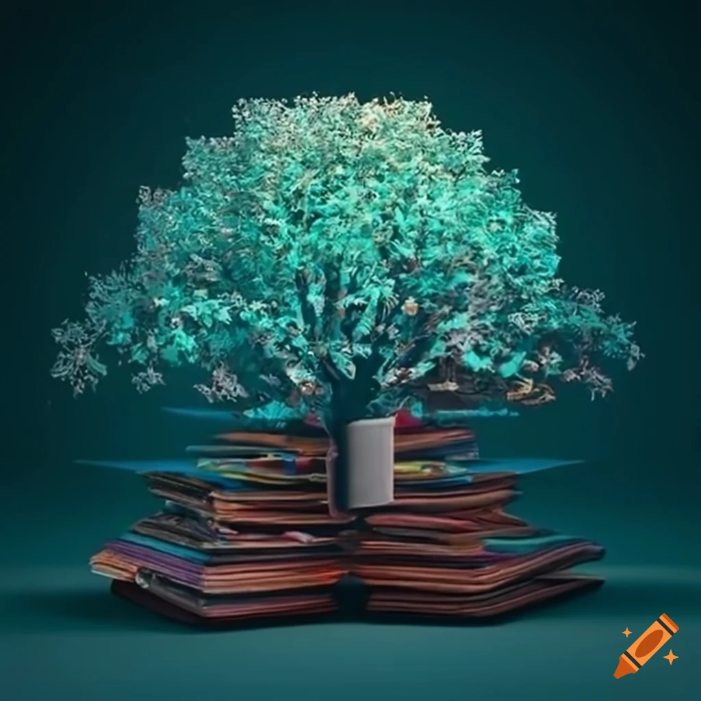 Artistic representation of a tree made of books on Craiyon